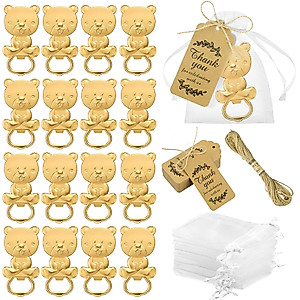 WILLBOND 50 Set Bear Bottle Opener Baby Shower Favors for Guest 50 Pcs Cute Bottle Opener Party Return Souvenir Gifts with 100 Pcs Thank You Tags 100 Pcs Organza Bags and 20 Meters Flax Rope(Gold)