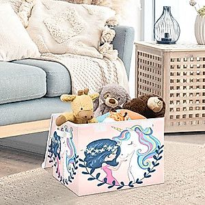 Kigai Unicorn & Girl Pink Storage Baskets for Shelves Foldable Closet Basket Storage Bins with Lid for Clothes Home Office Toys Organizers