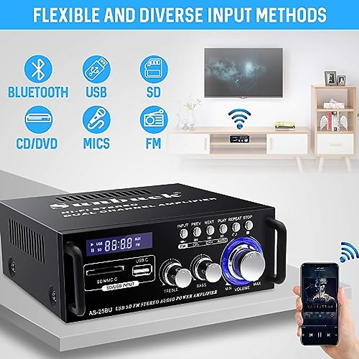 Sunbuck Max 300Wx2 Home Stereo Amplifier, Bluetooth Stereo Receiver, Hi-Fi Small Speaker Receiver, 2 Channel Amplifier Home Audio with Remote Control, USB2.0, Outdoor Receiver for Speakers, AS-25BU