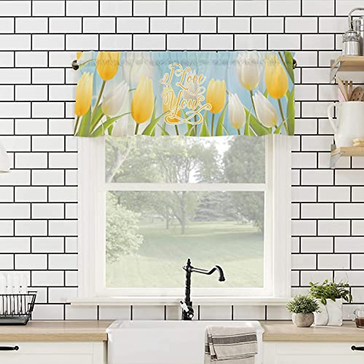 Tulip Floral Valance Curtains for Living Room/Bedroom/Bathroom/Kitchen Window,Rod Pocket Window Valance Tiers Small Window Curtain Drape Window Panel Treatment,Spring Gold White Flower Bow 1 Panel