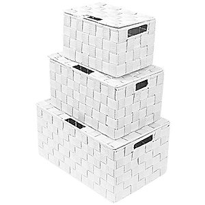 Sorbus Storage Box Woven Basket Bin Container Tote Cube Organizer Set Stackable Storage Basket Woven Strap Shelf Organizer Built-In Carry Handles (Lid Bins - 3 Pack, White)