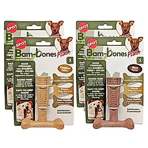SPOT by Ethical Products 4 in Bambone Plus Easy Grip Peanut Butter, Beef & Chicken Dog Chew Bundle - Bamboo & Nylon Anti Anxiety Bone for Aggressive Chewers & Dental Health for Dogs - Small (4 Pack)