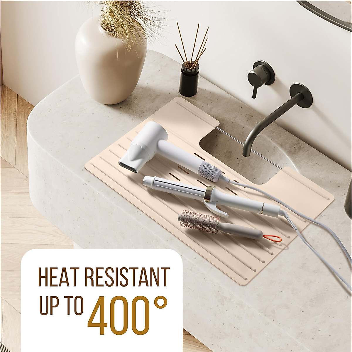 Maplefield Foldable Bathroom Sink Cover for Counter Space, Silicone Sink Topper, Heat Resistant Over Sink Makeup Mat, Small Bathroom Space Creation, Bathroom Space Saver Sink Cover for Makeup, Beige