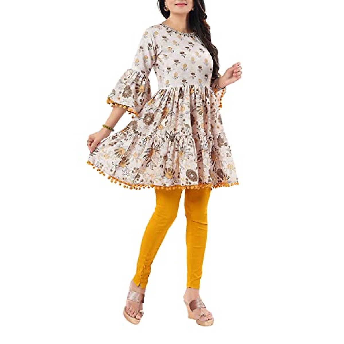 IshDeena Indian Anarkali Kurtis for Women - Kurta, Boho, Tunic Tops - Frock and Peplum Style Rayon Printed M to Plus Size (Cream - b23id5/Medium)