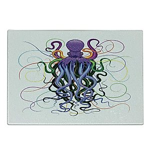 Lunarable Octopus Cutting Board, Chaotic Nautical Underwater Creatures Aquatic Animal Tentacles Rainbow Pigments, Decorative Tempered Glass Cutting and Serving Board, Small Size, Multicolor