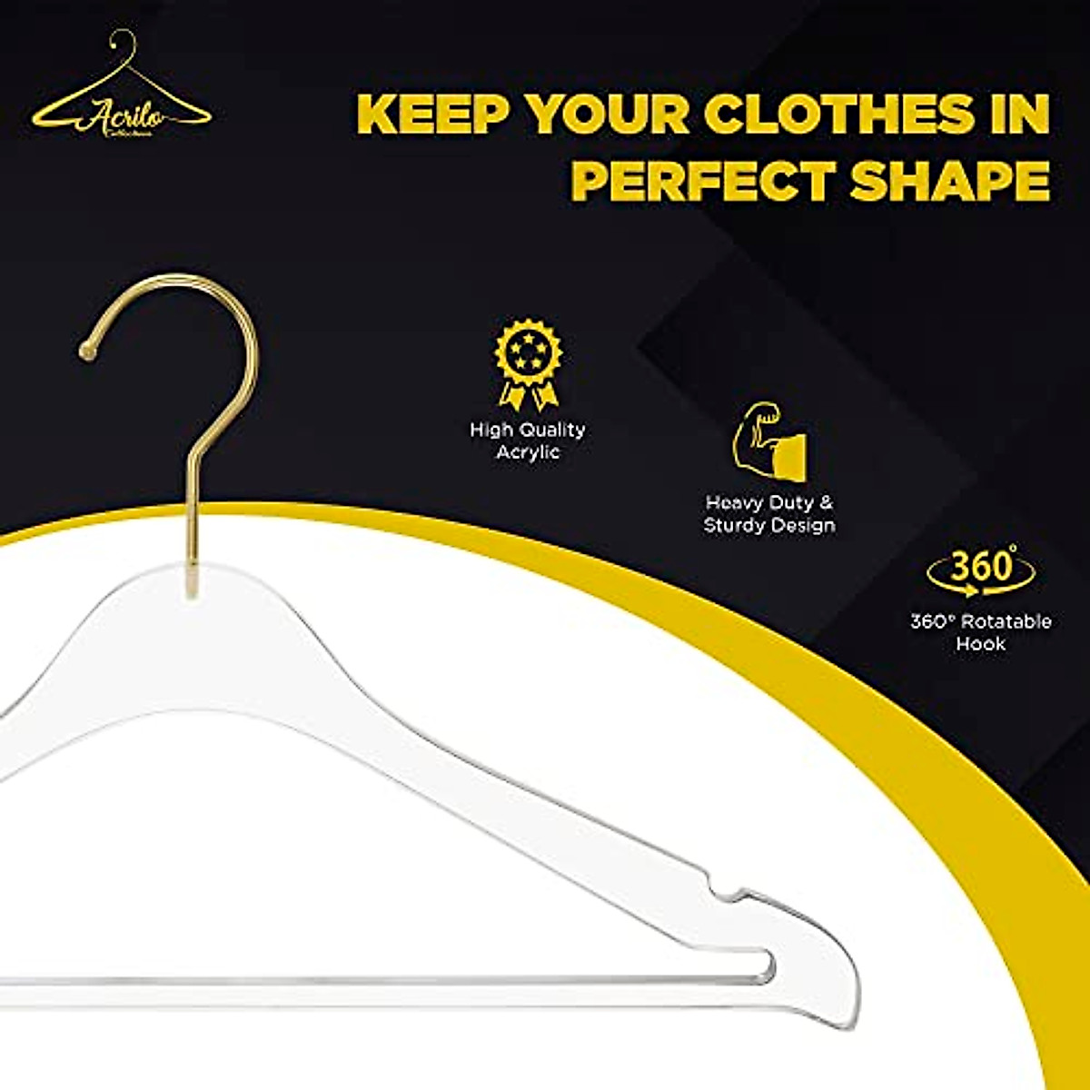 Acrylic Clear Suit Hangers, high-end Quality Clothes Hangers with Non Slip Pants bar Gold Swivel Hook for Luxurious Closets (Gold Suit 5 Pack)