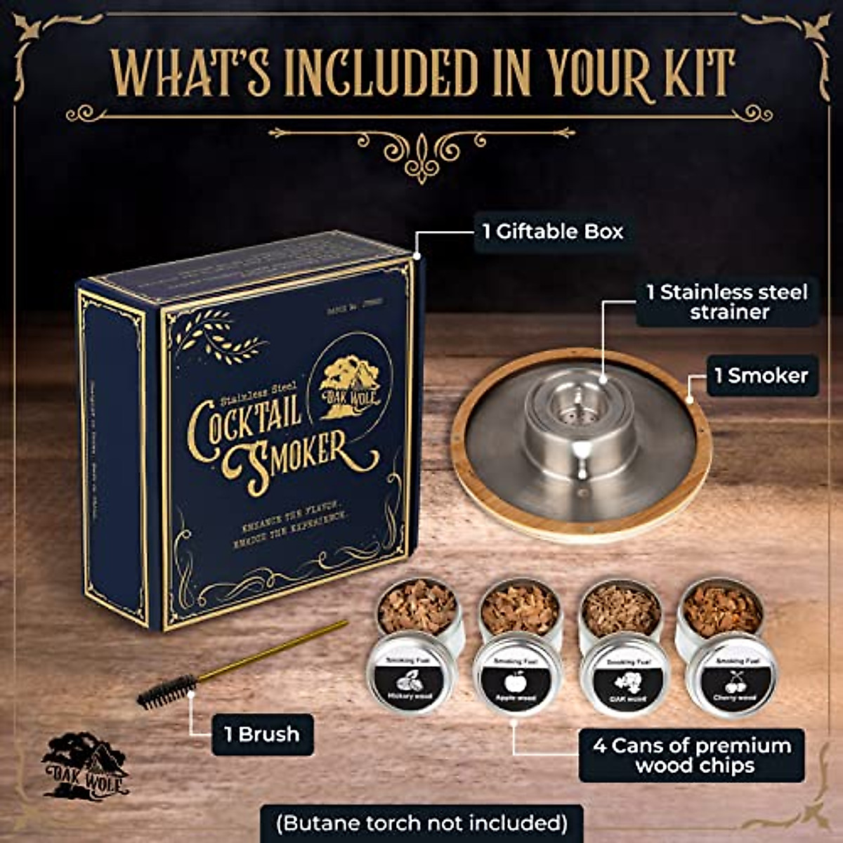 Oak Wolf Whiskey Smoker Kit With 4 Flavors of Wood Chips for Old Fashioned Cocktail Smoker - Stainless Steel Bourbon Smoker Kit Also Includes a Strainer & Brush - Bourbon & Whiskey Enthusiasts