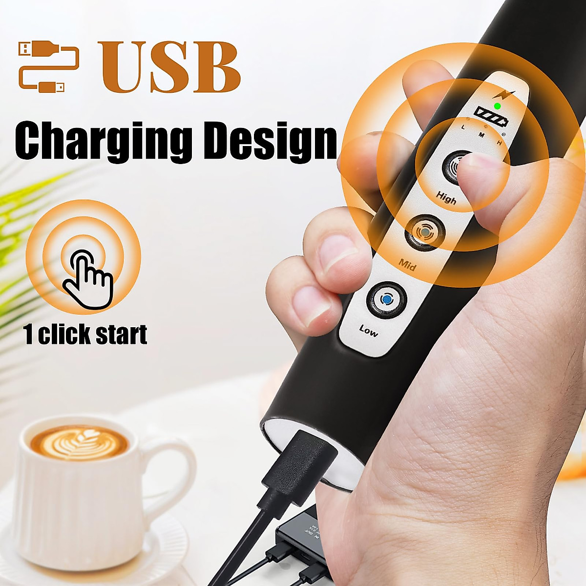 Nahida Black Milk Frother Wand for Coffee, Frother Handheld with Stand Rechargeable Electric Whisk with 3 Heads 3 Speeds Drink Mixer Coffee Frother Foam Maker For Latte, Cappuccino, Hot Chocolate, Egg