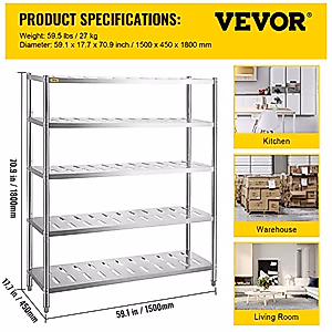 VEVOR Storage Shelf, 5-Tier Storage Shelving Unit, Stainless Steel Garage Shelf, 59.1 x 17.7 x 70.9 inch Heavy Duty Storage Shelving, 661 Lbs Total Capacity with Adjustable Height and Vent Holes