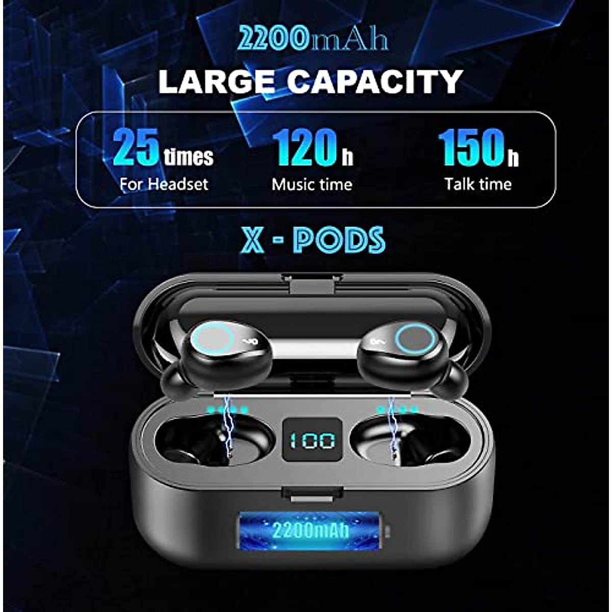 X-PODS True Wireless Earbuds Bluetooth Headphones Upgraded Touch Control with Wireless Charging Case IPX8 Waterproof Stereo Earphones in-Ear Built-in Mic Headset Premium Deep Bass for Sport Black
