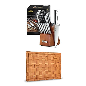 McCook MC29 German Stainless Steel Knife Block Sets with Built-in Sharpener + MCW12 Bamboo Cutting Board (Large, 17”x12”x1”)