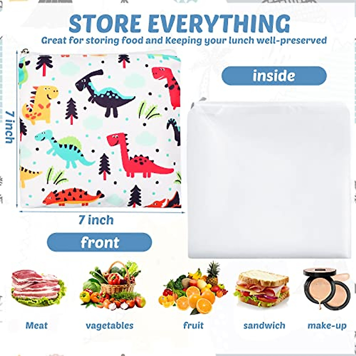 6 Pieces Reusable Snack Bags for Kids Sandwich Bags Snack Pouch Zipper Cartoon Washable Lunch Bags for Food Storage, 7 x 7 Inch, 6 Styles (Cute Style)