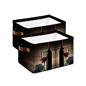 Cube Storage Bins Cloth Towel Organizer Vintage Farm Red Wine and Glass Grape Rustic Wooden Plank Fabric Collapsible Storage Baskets with Handles for Home Office Closet Shelves Toy Nursery 2 Pack