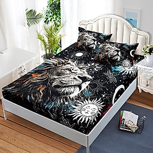 AILONEN Lion Print Twin Size Fitted Sheet Set for Boys, Sun and Moon Bed Sheet Cover Set Twin,3 Pieces Black and White Sheet Set Twin Galaxy Lion Fitted Sheet with 2 Pillowcases