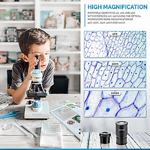 AmScope M162C-2L-PB10-WM"Awarded 2018 Best Students and Kids Microscope Kit" - 40X-1000X Dual Light All Metal Microscope with Slides and Microscope Book, Blue