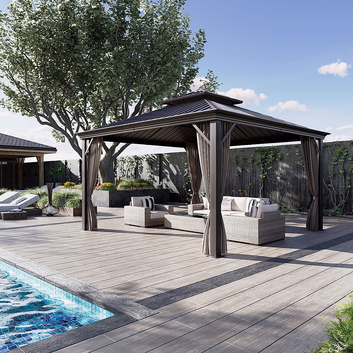 LUCKYBERRY 12' X 12' Outdoor Hardtop Galvanized Steel Roof Double Top Permanent Gazebo Canopy Curtains Aluminum Frame Patio Garden Gazebo with Netting