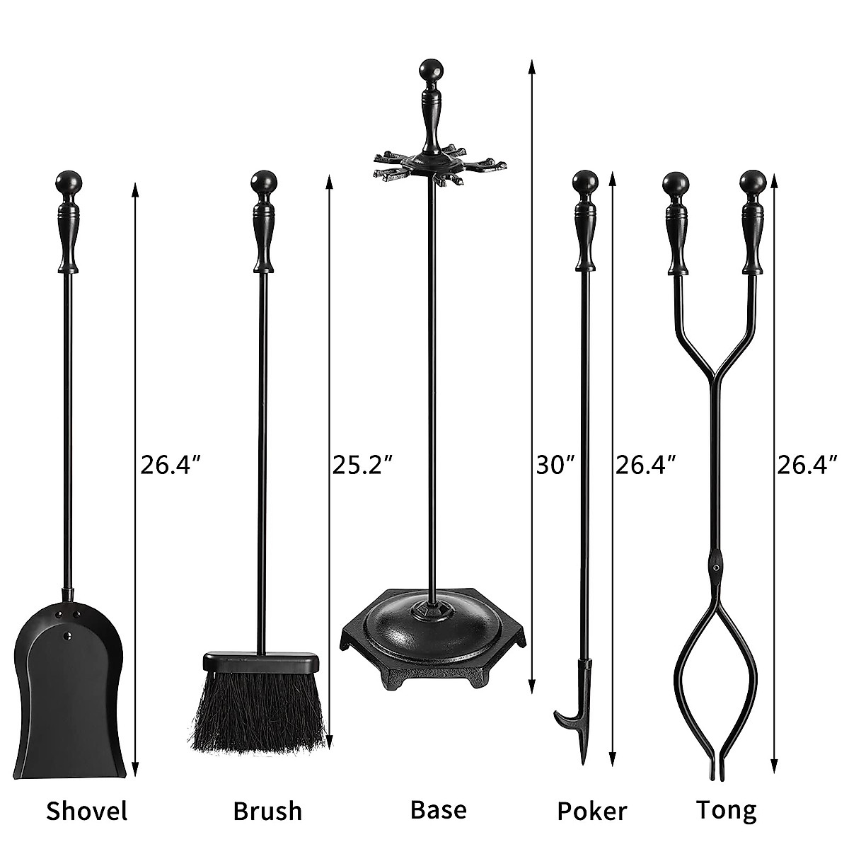 BeShiny 5 PCS Fireplace Tools Set Wrought Iron Fire Place Accessories Tools Modern Tool Poker Tongs Shovel Brush Stand