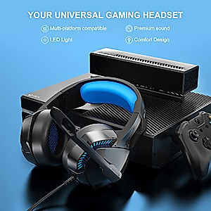 PHOINIKAS PS4 Gaming Headset with 7.1 Surround Sound, Xbox One Headset with Noise Canceling Mic & LED Light, H3 Over Ear Headphones, Compatible with Nintendo Switch, PC, PS4, Xbox One, Laptop (Blue)
