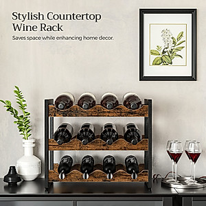 SONGMICS Countertop Wine Rack, 3-Tier Display Wine Storage Shelves, Holds 12 Bottles, Bamboo Wobble-Free Bottle Holder for Kitchen Bar Dining Room Living Room, Rustic Brown and Black UKWR011B01