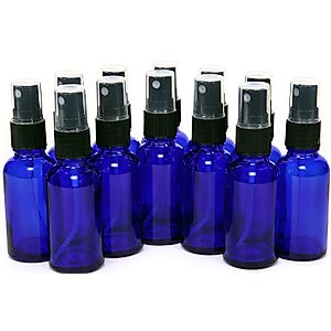 1 Oz (30 ml) Blue Boston Round Glass Bottle w/Black Fine Mist Sprayer - 12 pcs