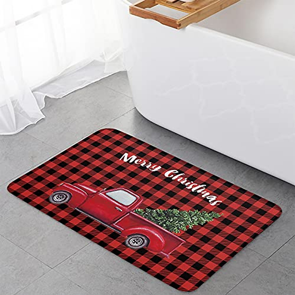 Christmas Bath Rugs Christmas Red Truck Sponge Doormat Absorbent Non Slip Durable Soft Flannel Mat Christmas Tree Red Buffalo Check Plaid Christmas Memory Foam Mats for Bathroom Kitchen 18 x 30 inches