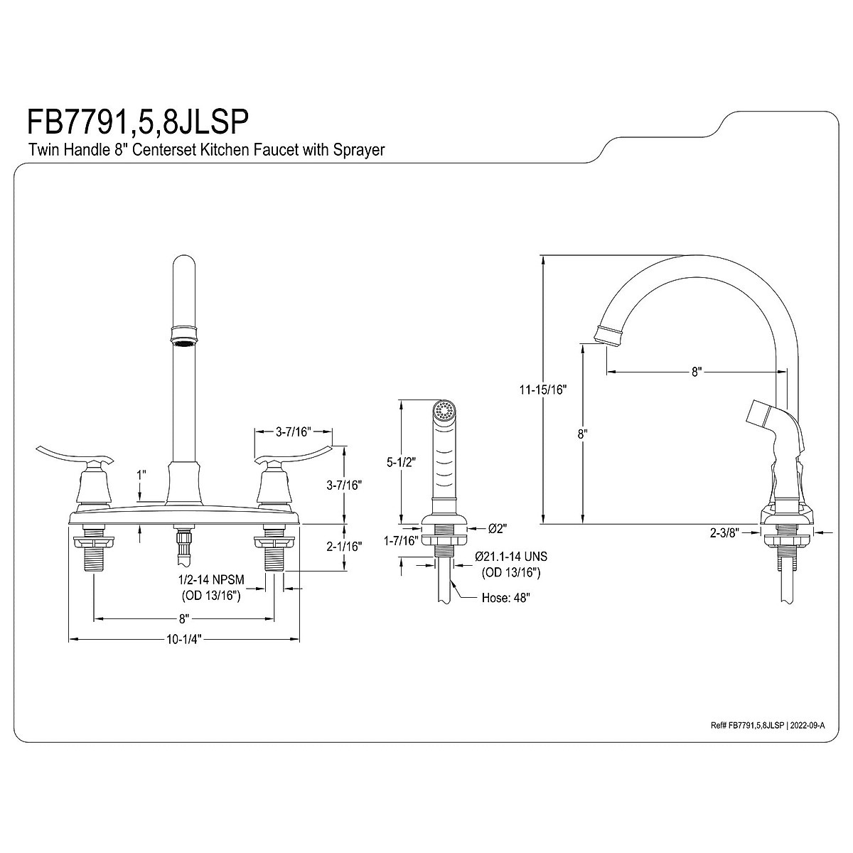 Kingston Brass FB7798JLSP Jamestown 8" Centerset Kitchen Faucet, Brushed Nickel