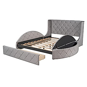 BOVZA Queen Size Platform Bed Frame, Velvet Upholstered Bed with Wingback Headboard and and 1 Big Drawer, 2 Side Storage Stool, No Box Spring Needed, Gray