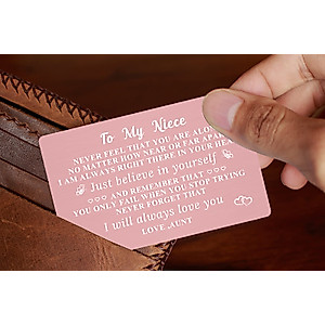 Ptzizi Niece Pink Metal Wallet Insert Card, Engraved Inspirational Wallet Card for Niece Birthday Adult Christmas Graduation Gifts from Aunt Uncle (A11)