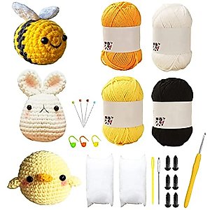 3 Pattern Crochet Kits - Crochet 3 Different Patterns Sets for Beginners/Experts - Rabbit, Chicken, Bee for Adult Starters, Kids, Includes Enough Yarns, Hook, Accessories