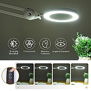 Magnifying Glass with Light and Clamp, Magnifying Lamp with 4.2'' 5X Real Glass Magnifier, 3-Color Dimmable LED Light, Premium Swing Arm Hands Free for Estheticians Crafts Hobbies Arts