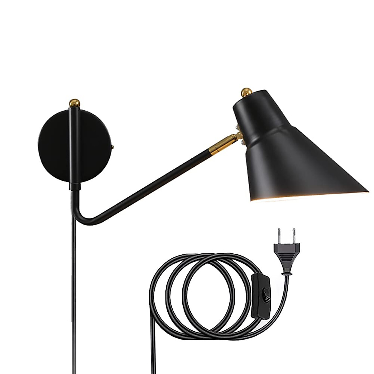 DEVINK Retro Plug in Wall Light with Switch, Long Arm Bed Lamp Wall Sconce Lamp Adjustable Wall Reading Lights with 1.8m Cord, Indoor E27 Light Fixture for Bedroom Living Room Bathroom,Black