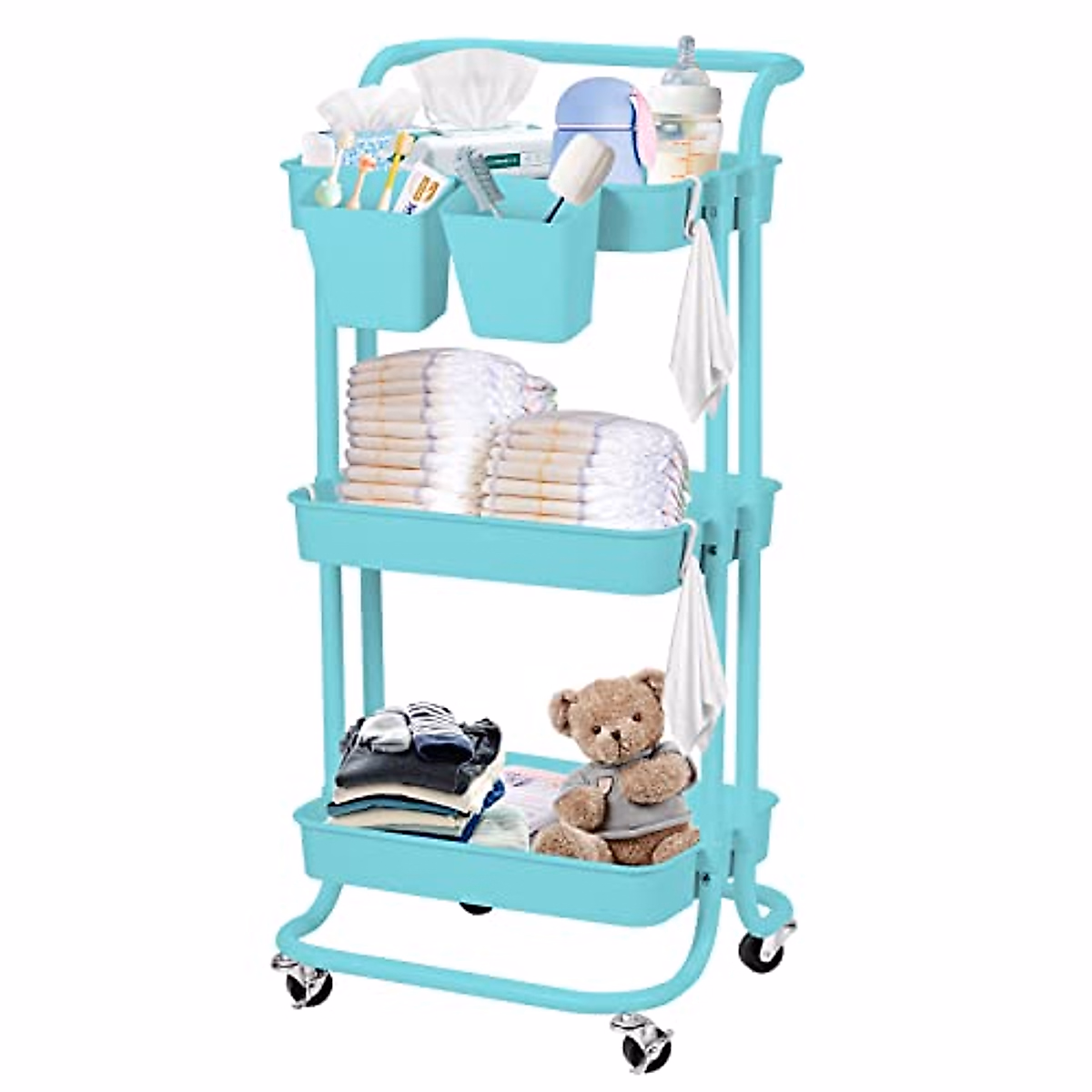 Baby Diaper Caddy Organizer Metal Rolling Storage Cart on Handle 3-Tier Rolling Mobile Utility Cart Movable Storage Organizer with Wheels Multifunction Newborn Essentials Cart Easy Assembly(Blue)