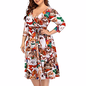Christmas Dresses Women Plus Size Cat Print Meowy Cute Holiday Casual Long Sleeve Xmas Ugly Wrap Fall 2022 Midi Dress