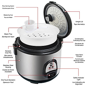 Bene Casa 7 cup stainless-steel thermo rice cooker, stainless steel and black design, cool touch rice cooker, simple operation, dishwasher safe.