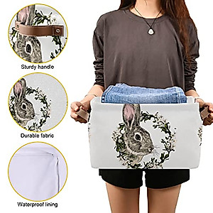 Easter Rabbit Flower Rectangular Storage Basket Storage Bin Collapsible Storage Box with Leather Handles Empty Gift Baskets Organizer for Office, Closet