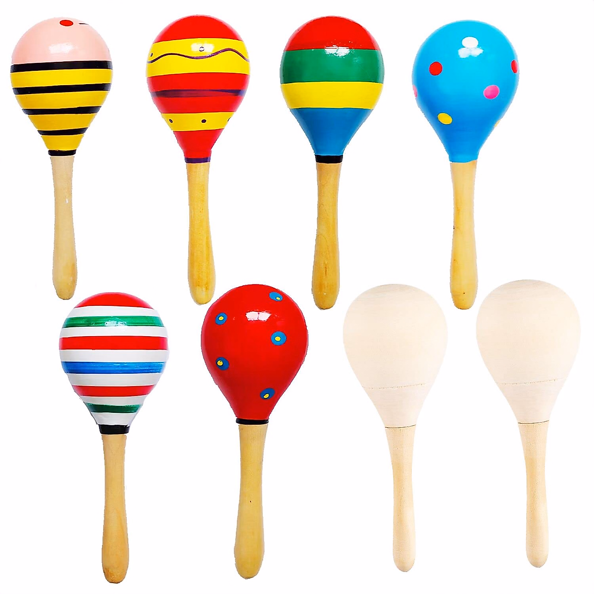Darovly 6Pcs Fiesta Wooden Maracas(Random Color) + 2Pcs DIY Wood Maracas Unfinished Hand Painted Maracas for Painting Craft Mexican Fiesta Cinco De Mayo Party Carnival or Gifts(7.87Inch/20CM)