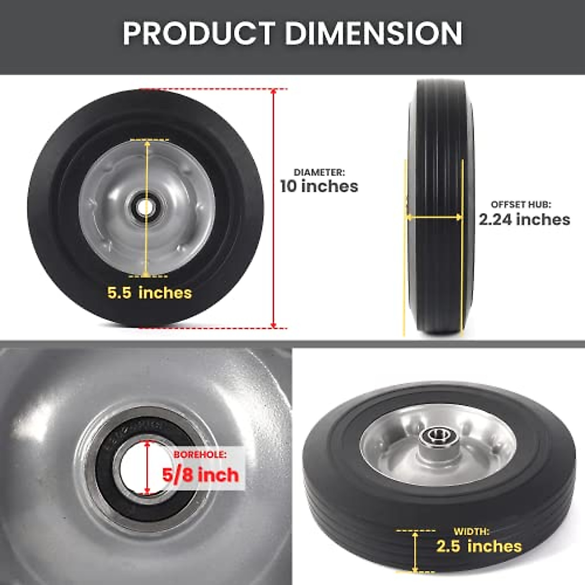 (2-Pack) AR-PRO 10''x2.5'' Flat Free Solid Rubber Replacement Tires - Flat-Free Tires for Hand Trucks and Wheelbarrows with 10” Tires with 5/8" Axles