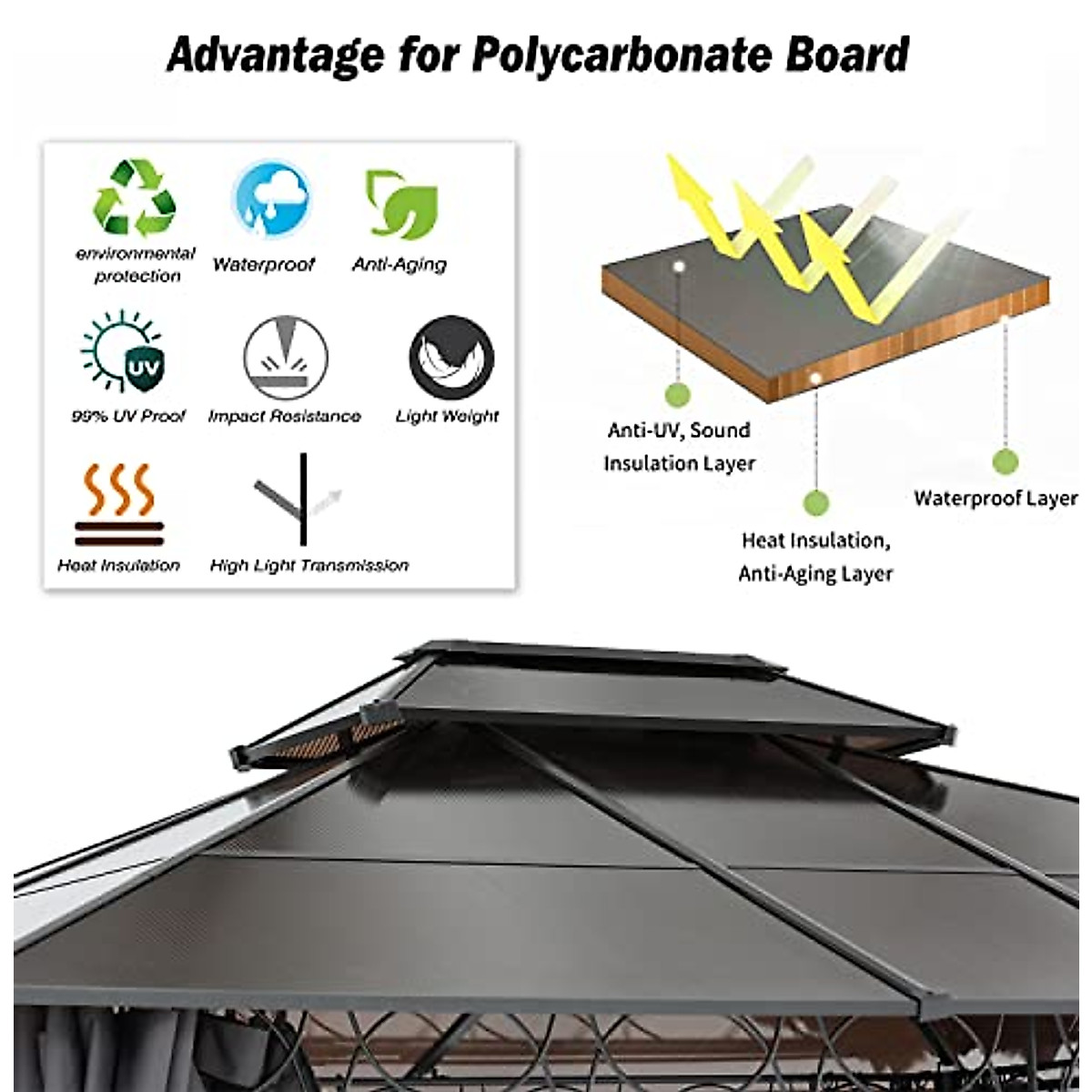 COOSHADE 10×12 Polycarbonate Roof Patio Gazebos Double Vent Waterproof Outdoor Gazebo with Curtains and Mosquito Netting (Dark Grey)
