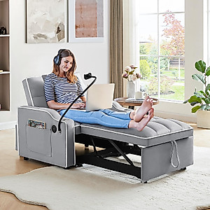 KINFFICT Sleeper Sofa Chair Bed, Convertible 3-in-1 Sofa Armchair, Adjustable Sleeper Chair with Pullout Bed, Single Lounger Futon Chair Bed with Side Pockets for Living Room (Grey)