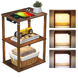 SUNMORY Dimmable LED End Table with Charging Station,Narrow Side Table with 3 Color Temperatures LED Lights,Nightstand Bedside Tables for Small Spaces,Night Stand for Living Room,Bedroom