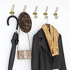 Tibres - Gold Coat Wall Hooks for Towel Clothes Robe Jacket Backpack and Bag - Brushed Gold Hanger for Bathroom - Metal Double Hooks Door or Wall Mounted - Set of 5