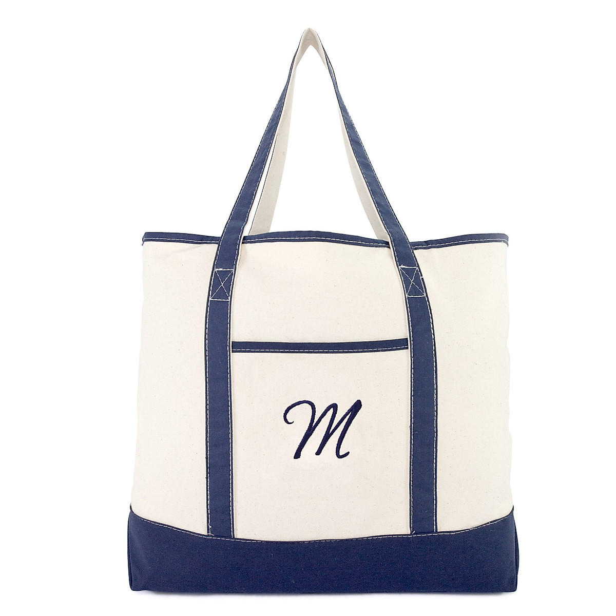 DALIX Personalized Tote Bag For Women Monogram Initial Open Top Navy Blue M