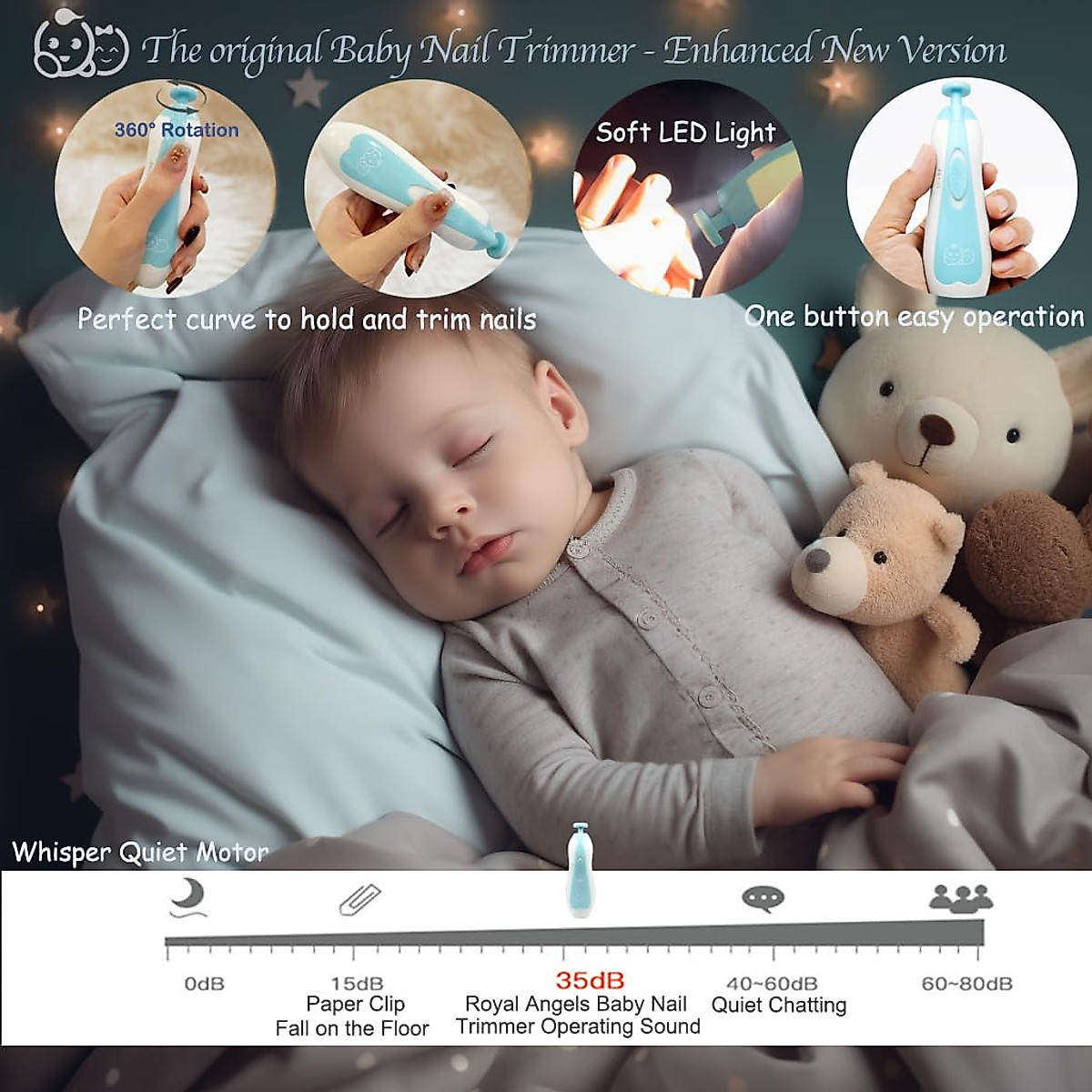 Royal Angels Baby Nail File 21 in 1, Safe Electric Baby Nail Buffer, Extra 13 Replacement Tools, Baby Nail Kit, Baby Nail Trimmer, Newborn Toddler Toes and Fingernails Clipper, Trim and Polish (Blue)