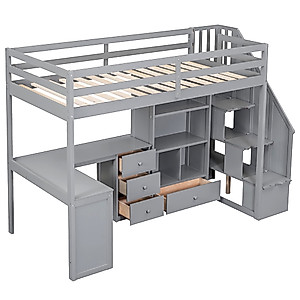 Harper & Bright Designs Twin Size Loft Bed with Stairs and L-Shaped Desk, Wood Twin Loft Bed with Storage Drawers and Cabinet, Loft Bed Twin with Guardrails for Kids Girls Boys, Grey
