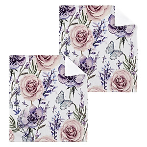 FUGIDOG Watercolor Lavender Rose Washcloths Set of 2-12 X 12 Inch Highly Soft & Absorbent Cotton Wash Cloths Face Towel Bath Hand Towels for Bathroom Spa Gym Kitchen