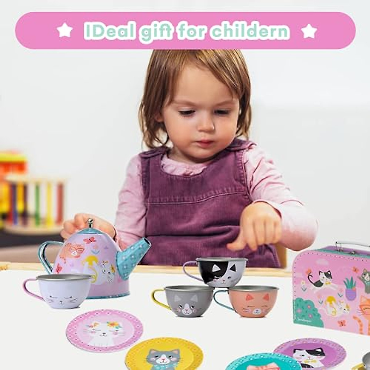 Jewelkeeper Toddler Toys - Tea Party Set for Little Girls - 15 Piece Toddler Tea Set Includes Teapot, Cups, Saucers, Plates, and Serving Tray, Cat Design with Carry Case for Easy Storage
