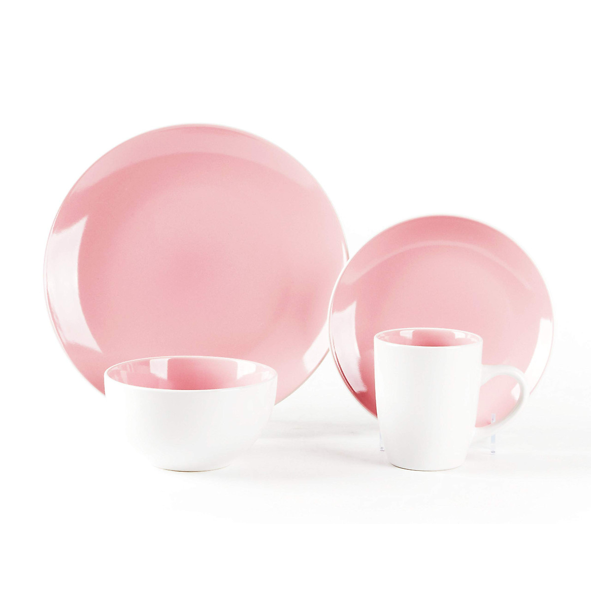 HomeVss, Stoneware Coupe Shape 16pc Dinnerware Set, Outside White + Inside Pink