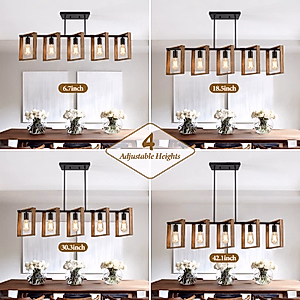 53’’ Farmhouse Kitchen Island Lighting, 5-Light Adjustable Dining Room Light Fixtures, Rustic Wood Chandeliers Black Hanging Light Fixtures for Kitchen, Pool Table Lights, Bulbs Not Included