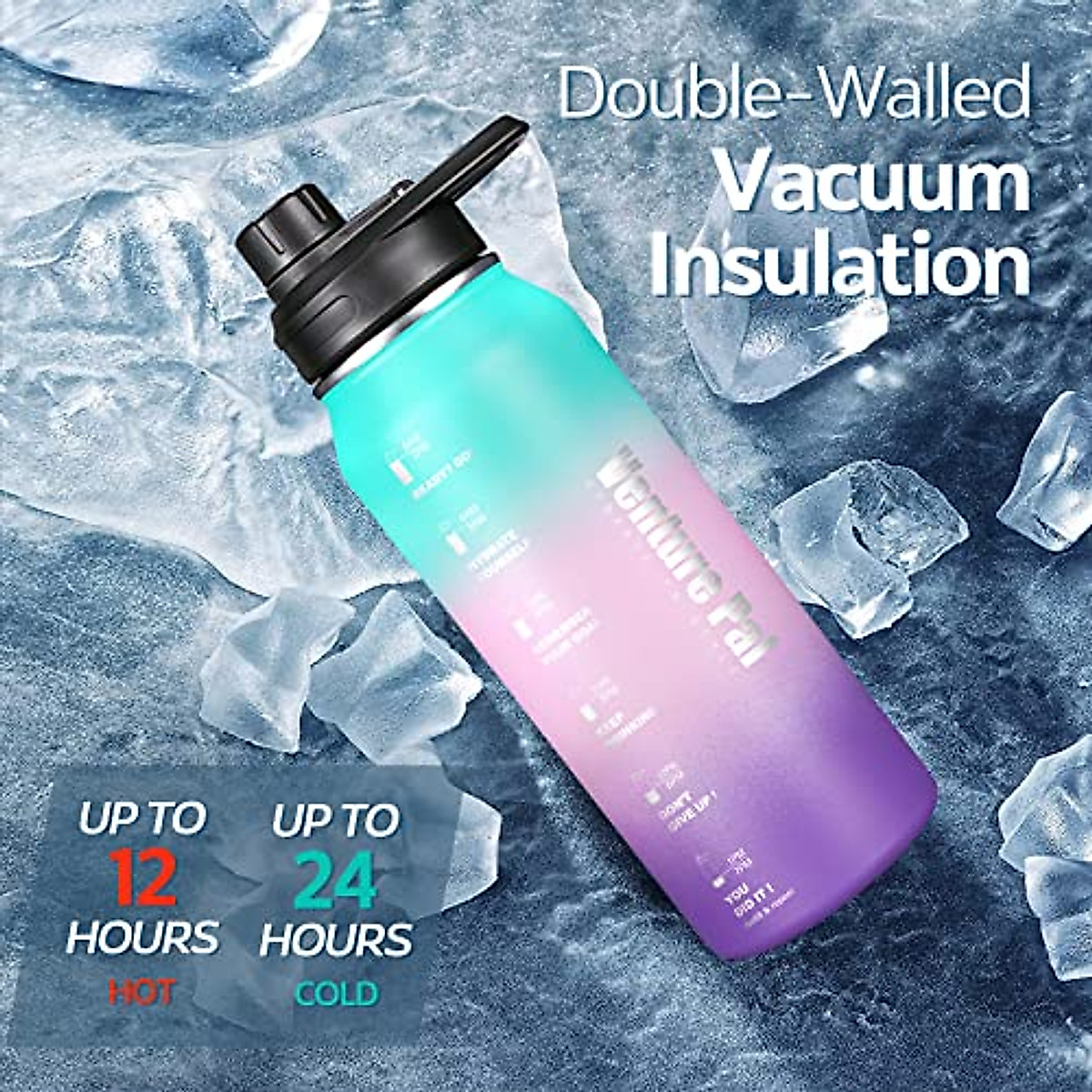 Venture Pal Insulated Water Bottle, 32oz Leak-Proof Vacuum Thermos with Strainer, Straw & Spout Lid for Sports