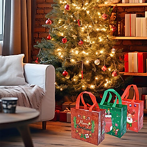 Christmas Gift Bags Tote-Bag with Handles - 12 Pack Reusable Non-Woven Xmas Party Supplies Presents Holiday Santa Claus Merry Christmas Pattern for New Year's Shopping L8.6"xH9"xW4.3"(L22xH23xW11cm)